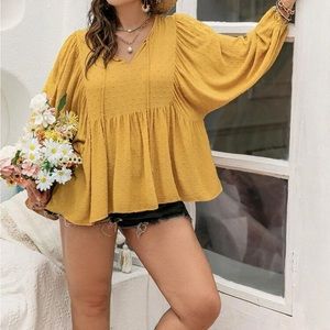 Tops | Boho Plus Size Swiss Dot Tie Neck Peplum Blouse | Poshmark